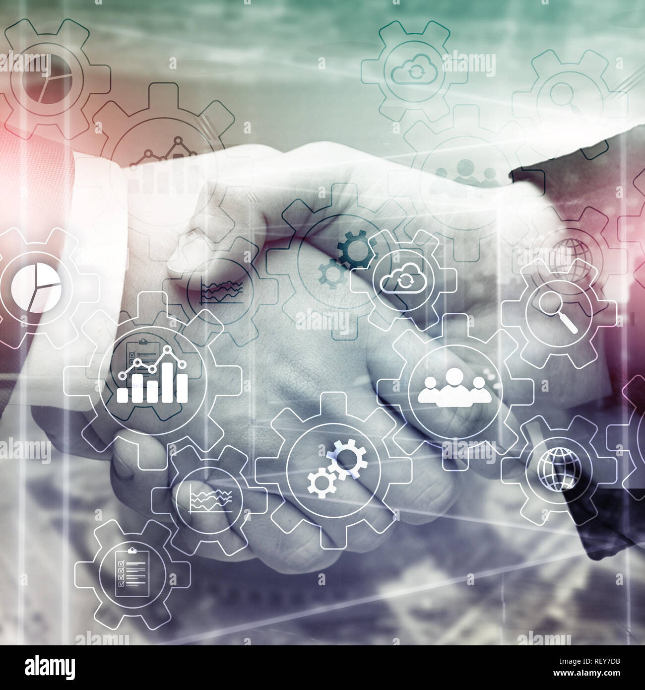 Business process abstract diagram with gears and icons. Workflow and ...