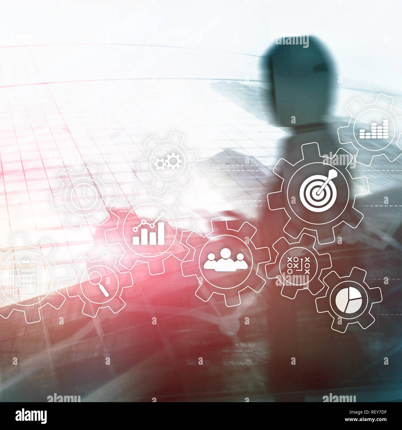 Business process automation concept. Gears and icons on abstract ...