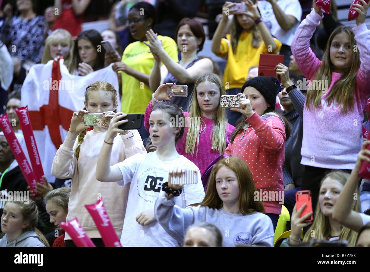 Fans watch game action at the Vitality Netball International Series ...