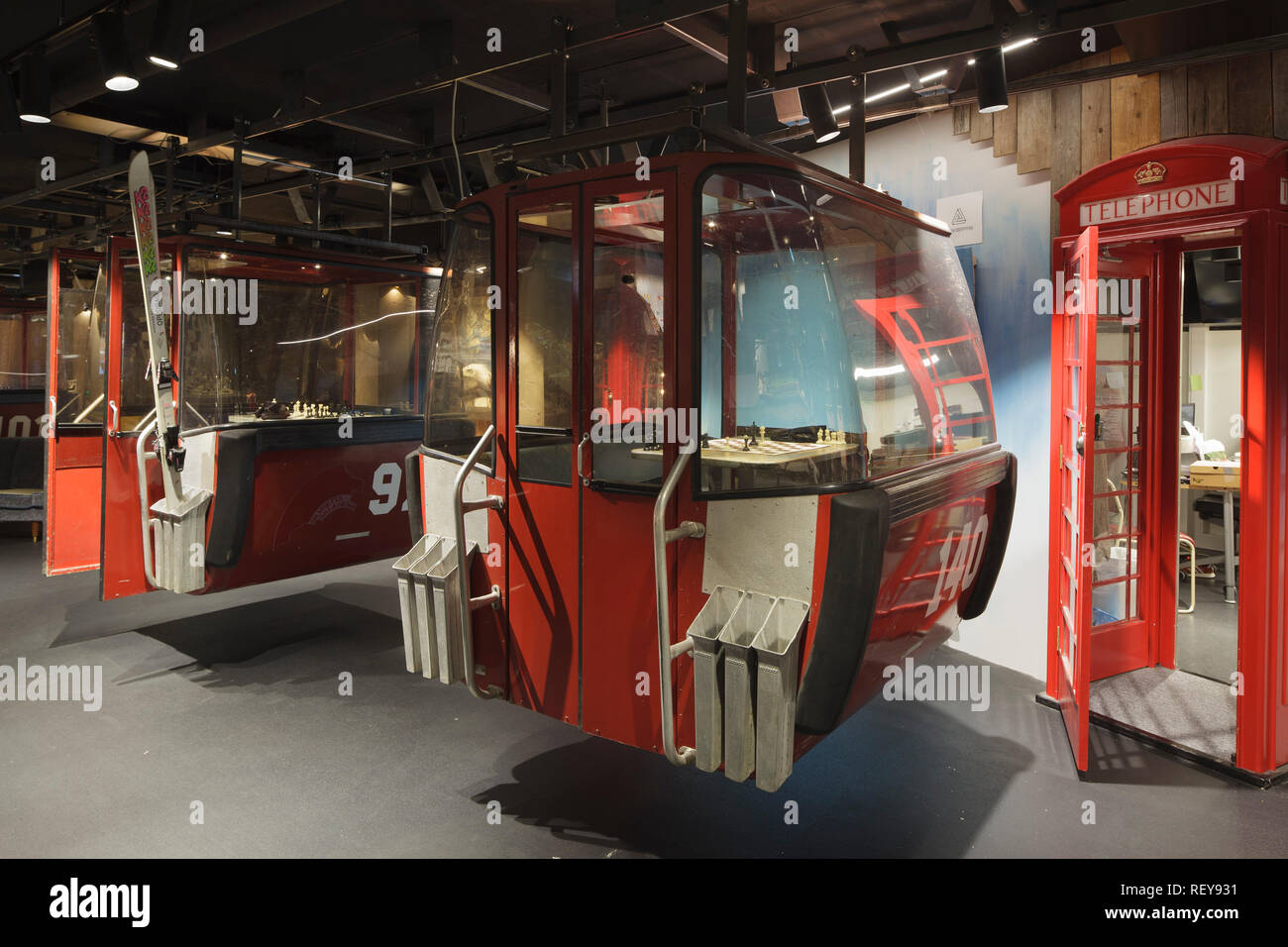 Red ski gondolas and red British phone box. Deichman Biblo Toyen ...
