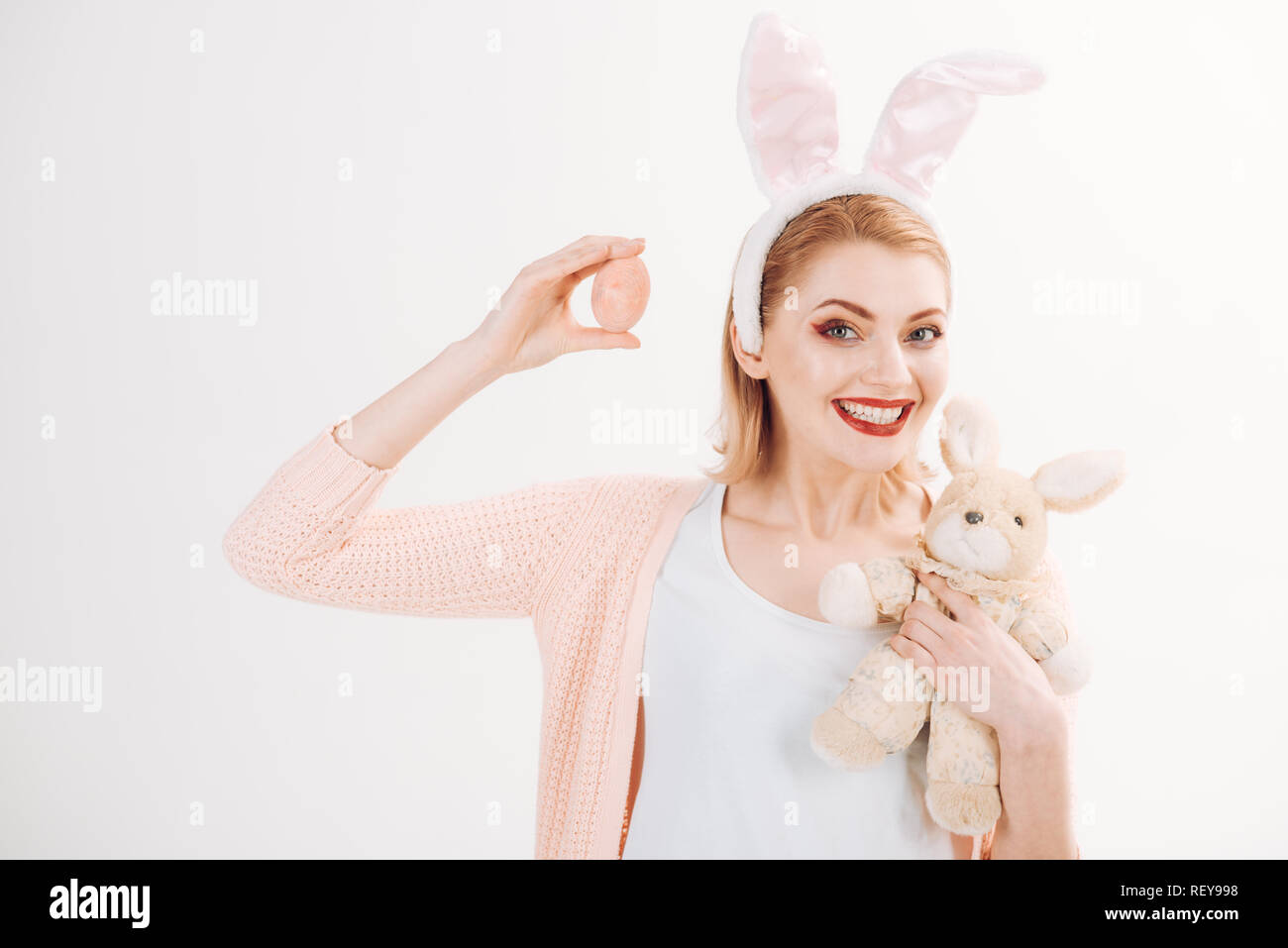 Happy easter. Woman in rabbit bunny ears. happy woman in bunny ears ...