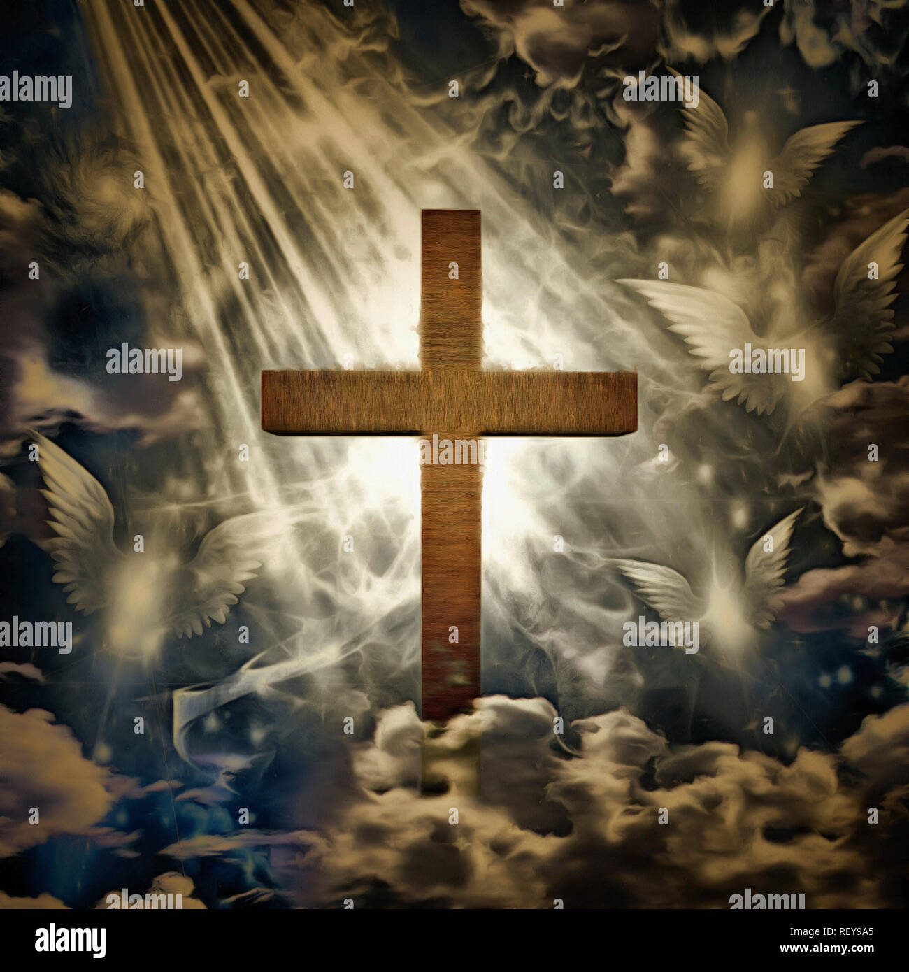 Cross in rays of light. Angels flies around Stock Photo - Alamy