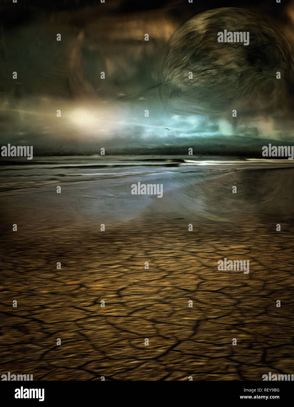 Surreal painting. Desert shore and the sea Stock Photo - Alamy