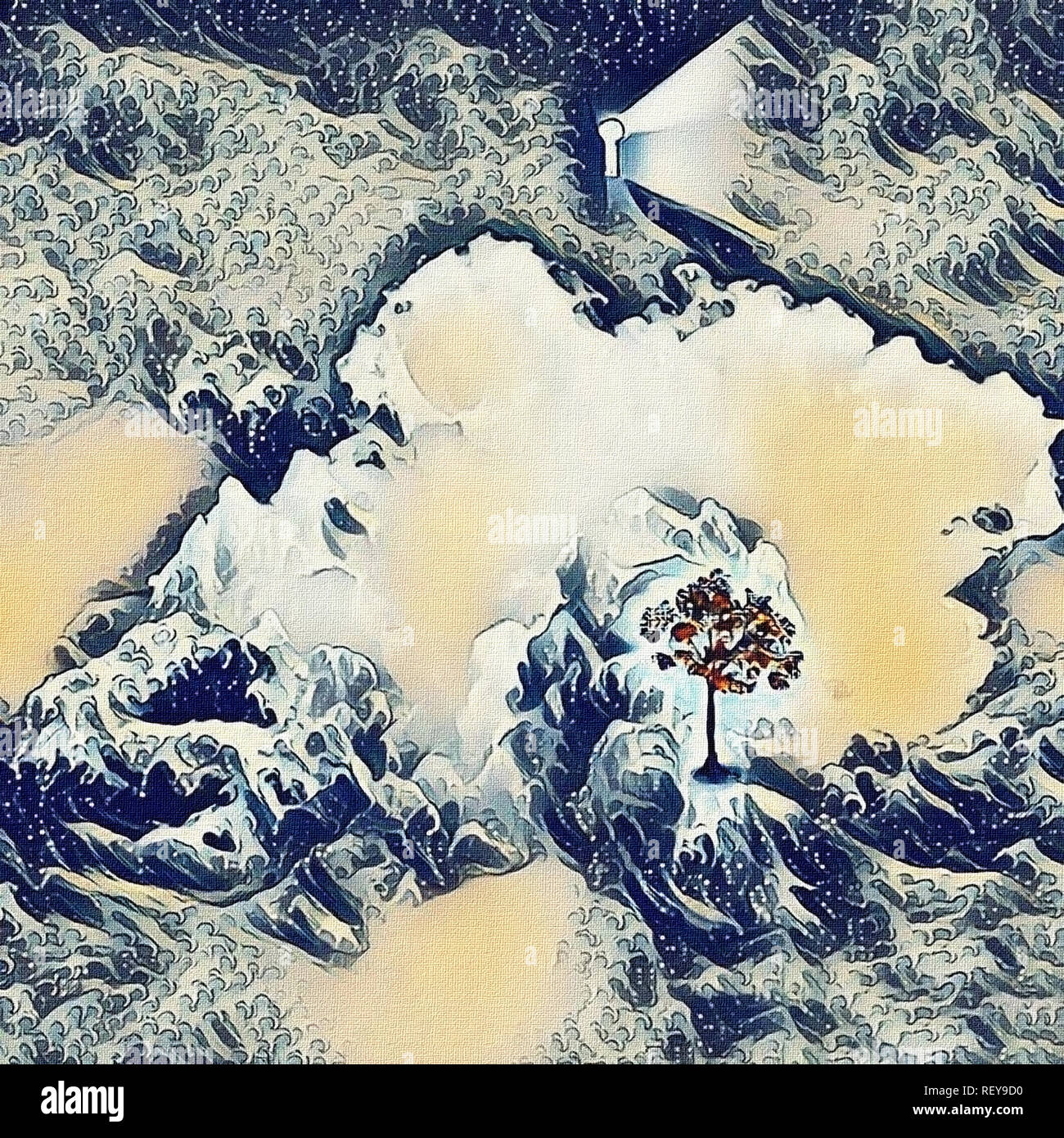 Surreal painting. Keyhole in cloudy sky. Tree with red leaves Stock ...