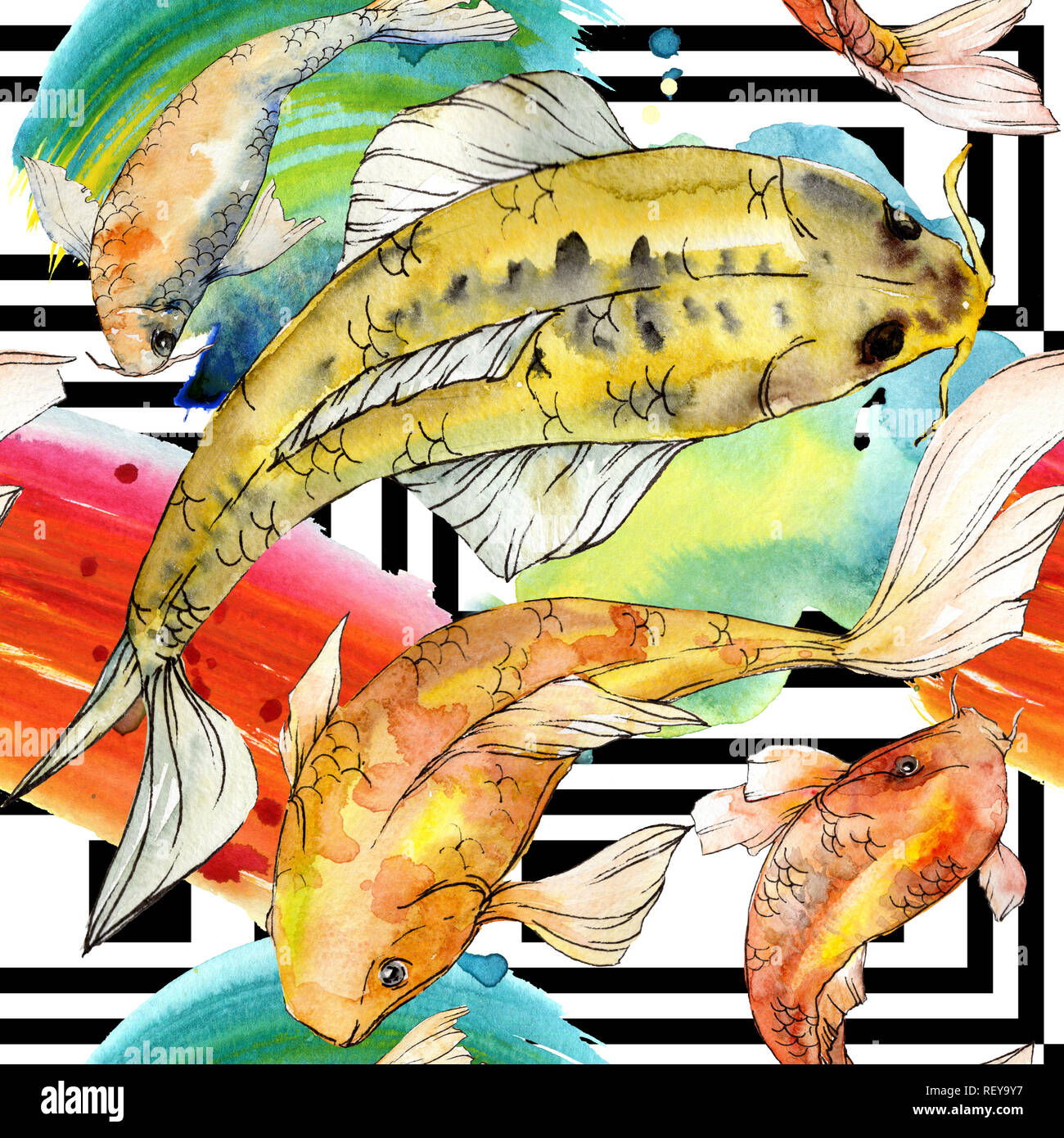 Watercolor aquatic underwater colorful tropical fish set. Red sea and ...