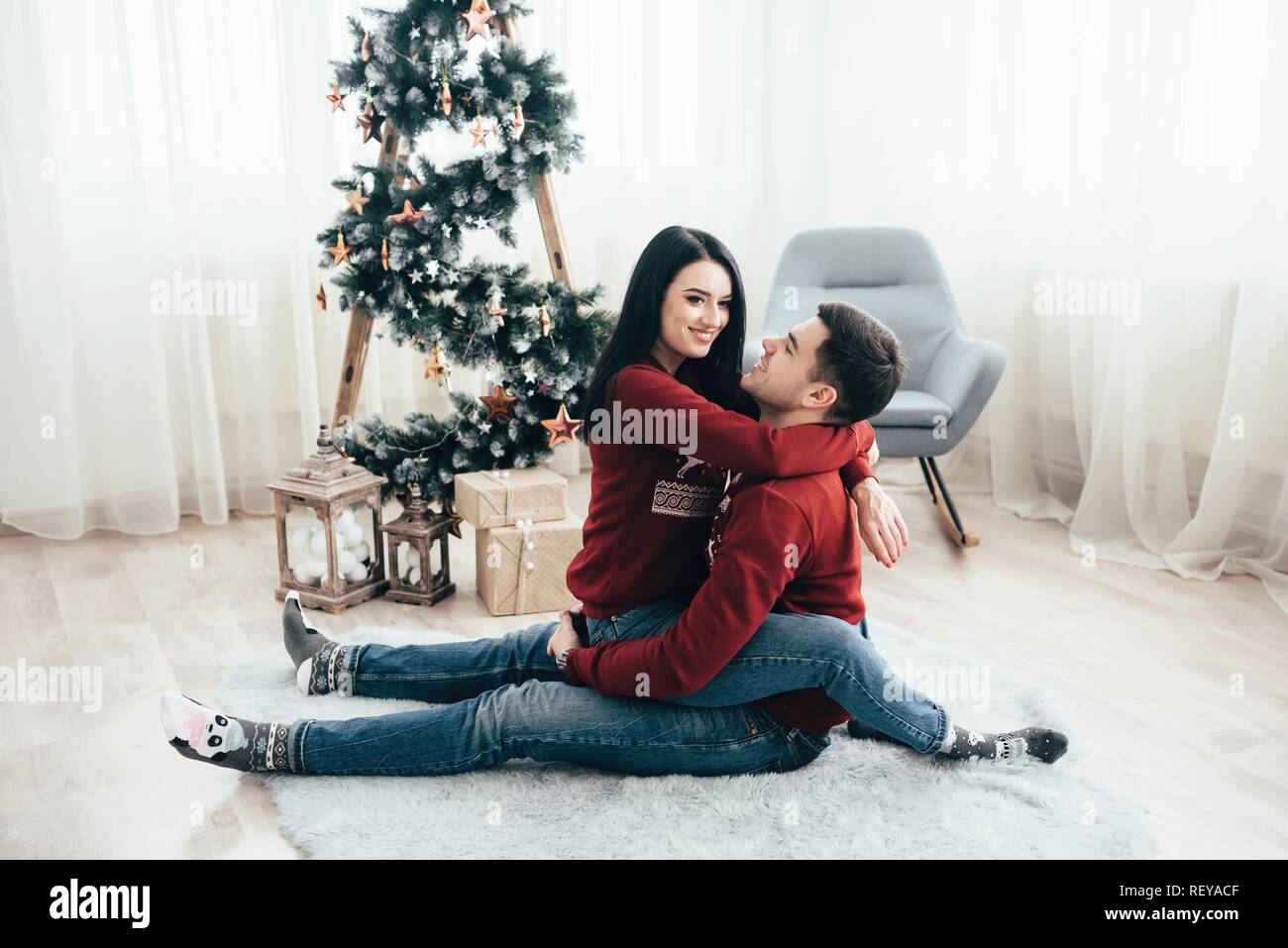 Romantic couple in love happy about being together celebrating winter ...