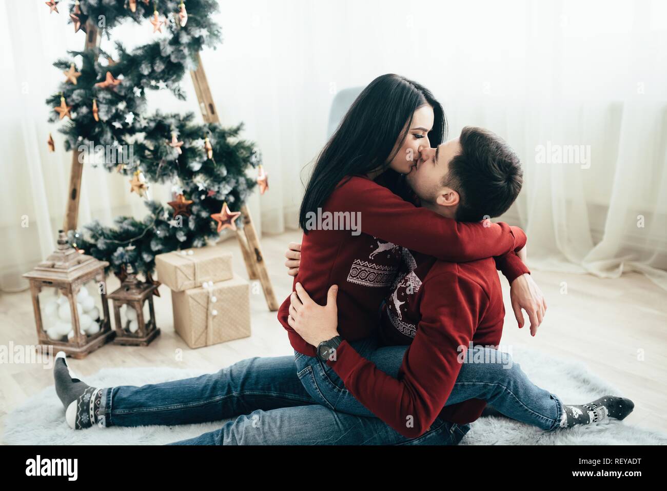 Romantic couple in love happy about being together celebrating winter ...
