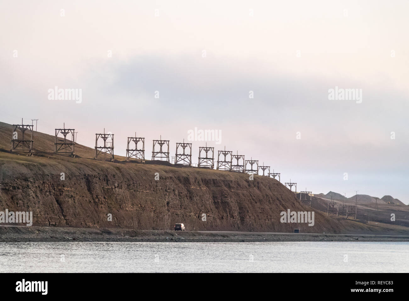 Peaceful scenery of a mountain with old cable cars towers to transport ...