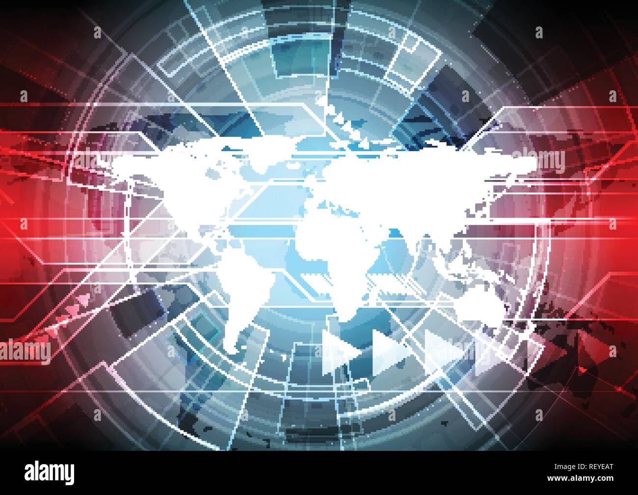 Abstract red and blue technology background with world map, HUD gear ...