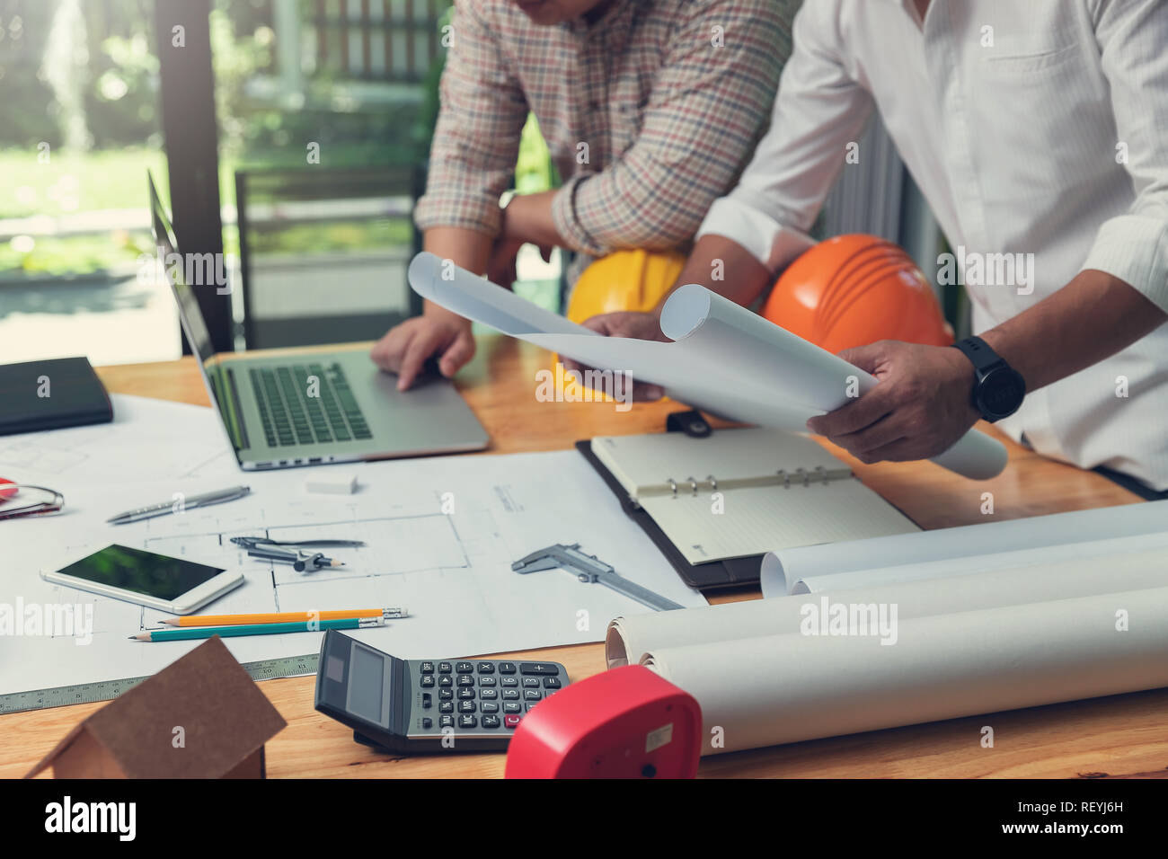 Engineer and Architect concept, Engineer Architects office team working ...