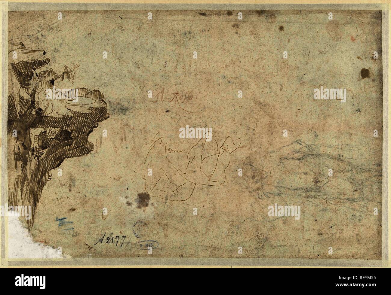 Sketches of a rocky landscape, a standing man and a drapery study. Draughtsman: anonymous ...