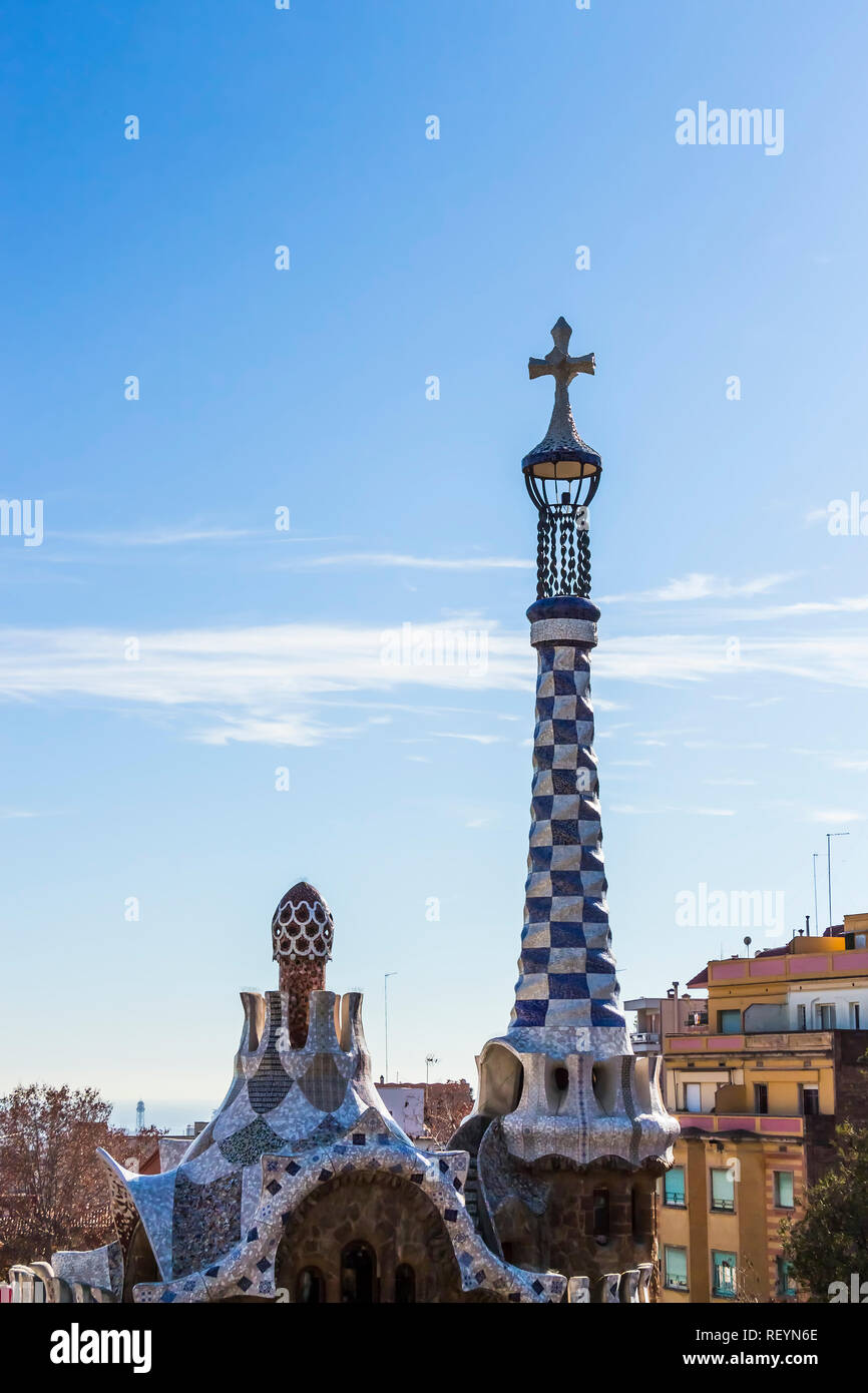Barcelona - December 2018: Conical spire cross and Laie Park Guell at ...