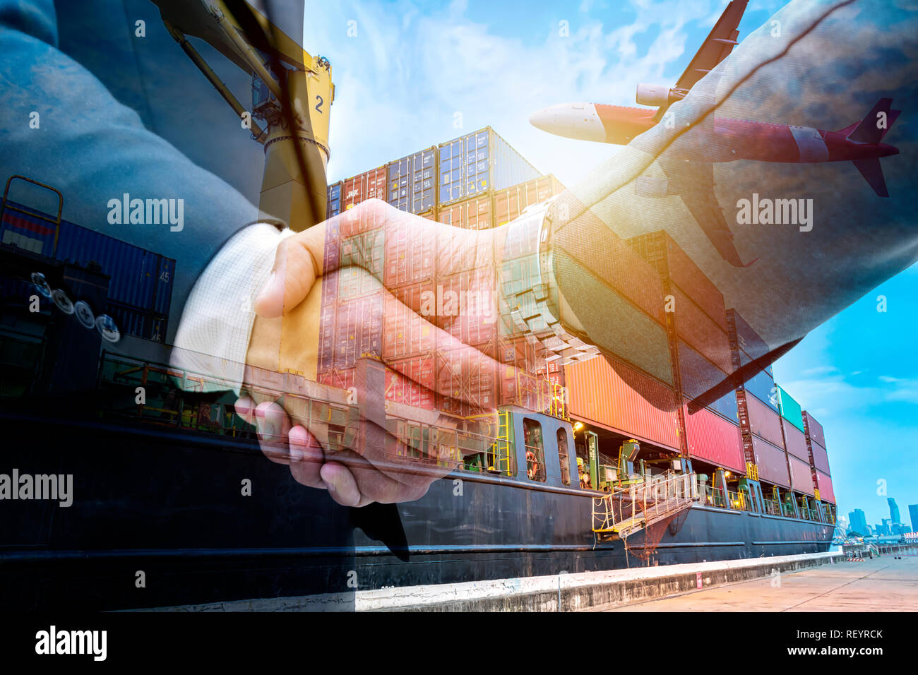 Double exposure business shake hand with Container warehouse background ...