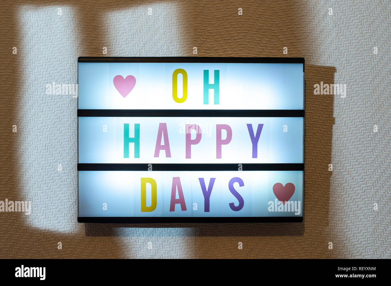 Message Oh Happy Days on illuminated board. Memories and nostalgia ...