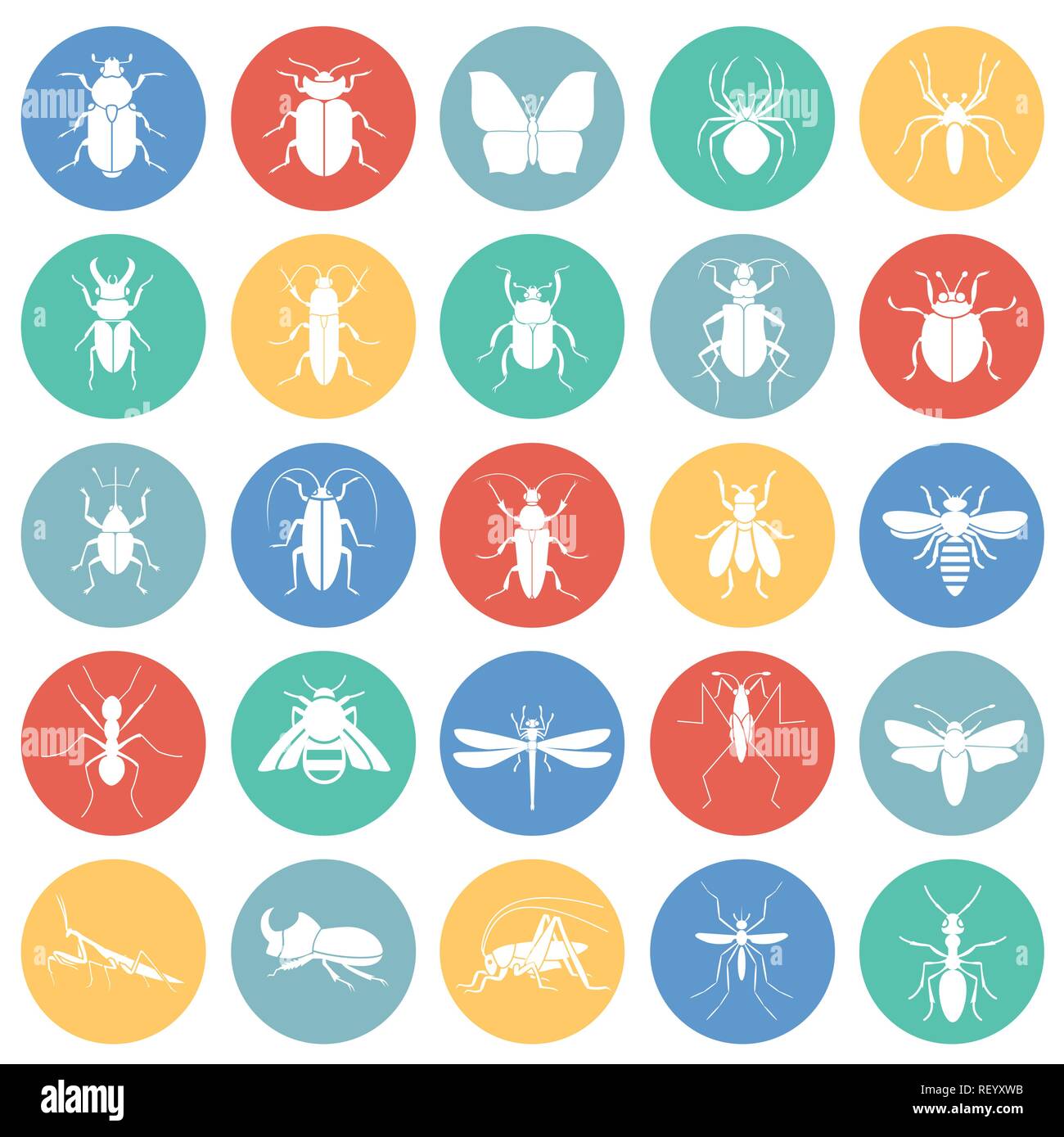 Insects icons set on color circles white background for graphic and web ...