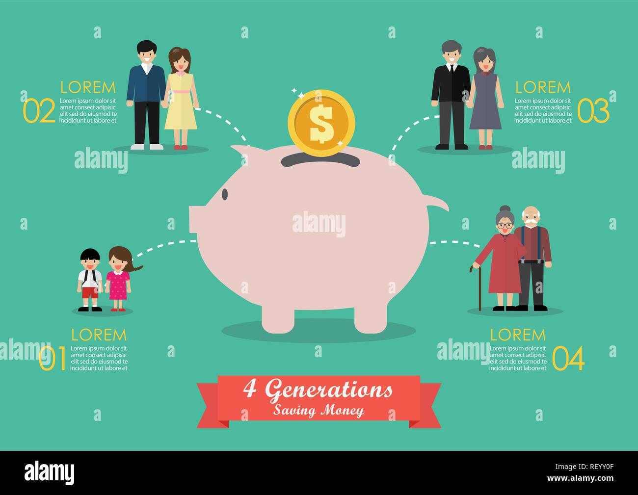 Four generations saving money infographic. Vector illustration Stock ...