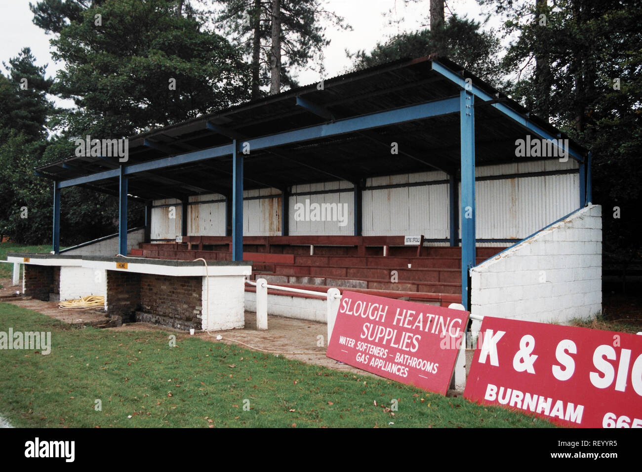 The main stand at Burnham FC, Wymers Wood Road, Burnham, Berkshire ...