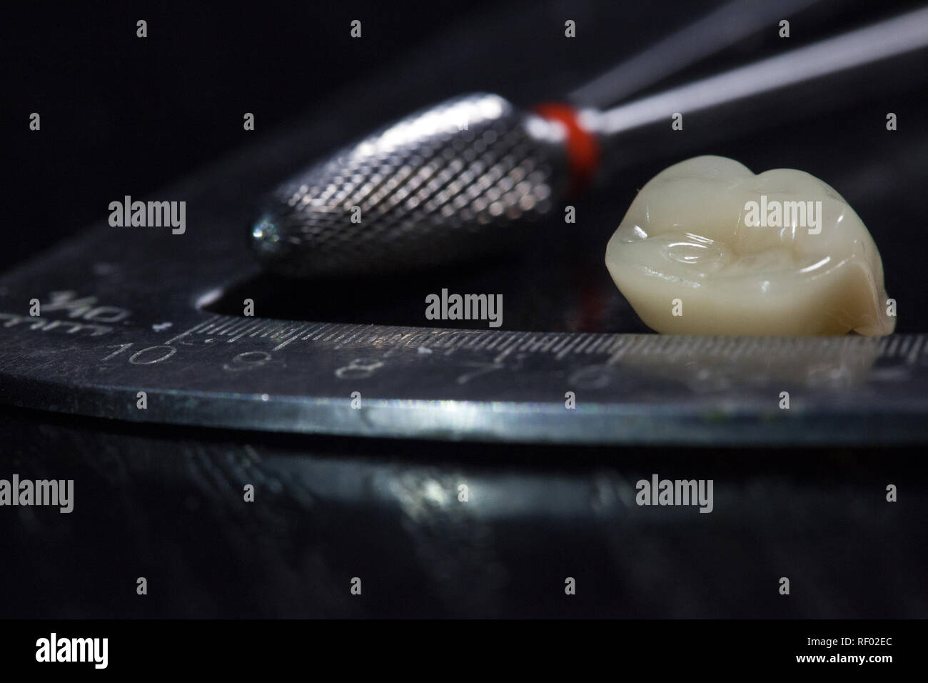 Acrylic teeth and dental instruments. Stomatologic instrument, close up ...