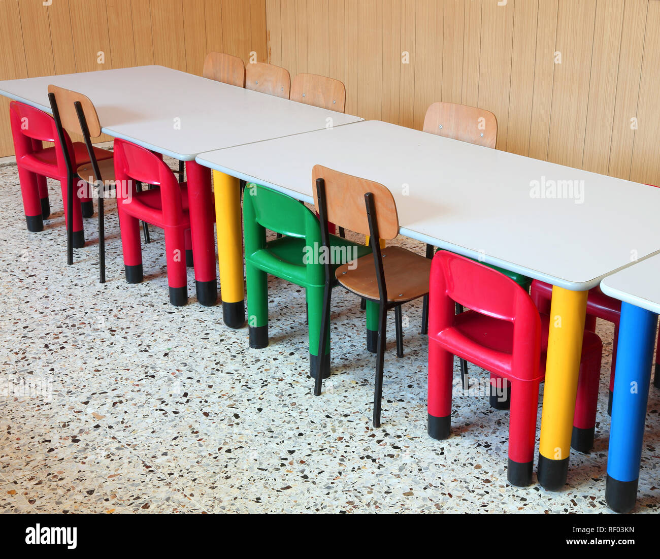 small colored chairs in the classroom of the preschhol Stock Photo - Alamy