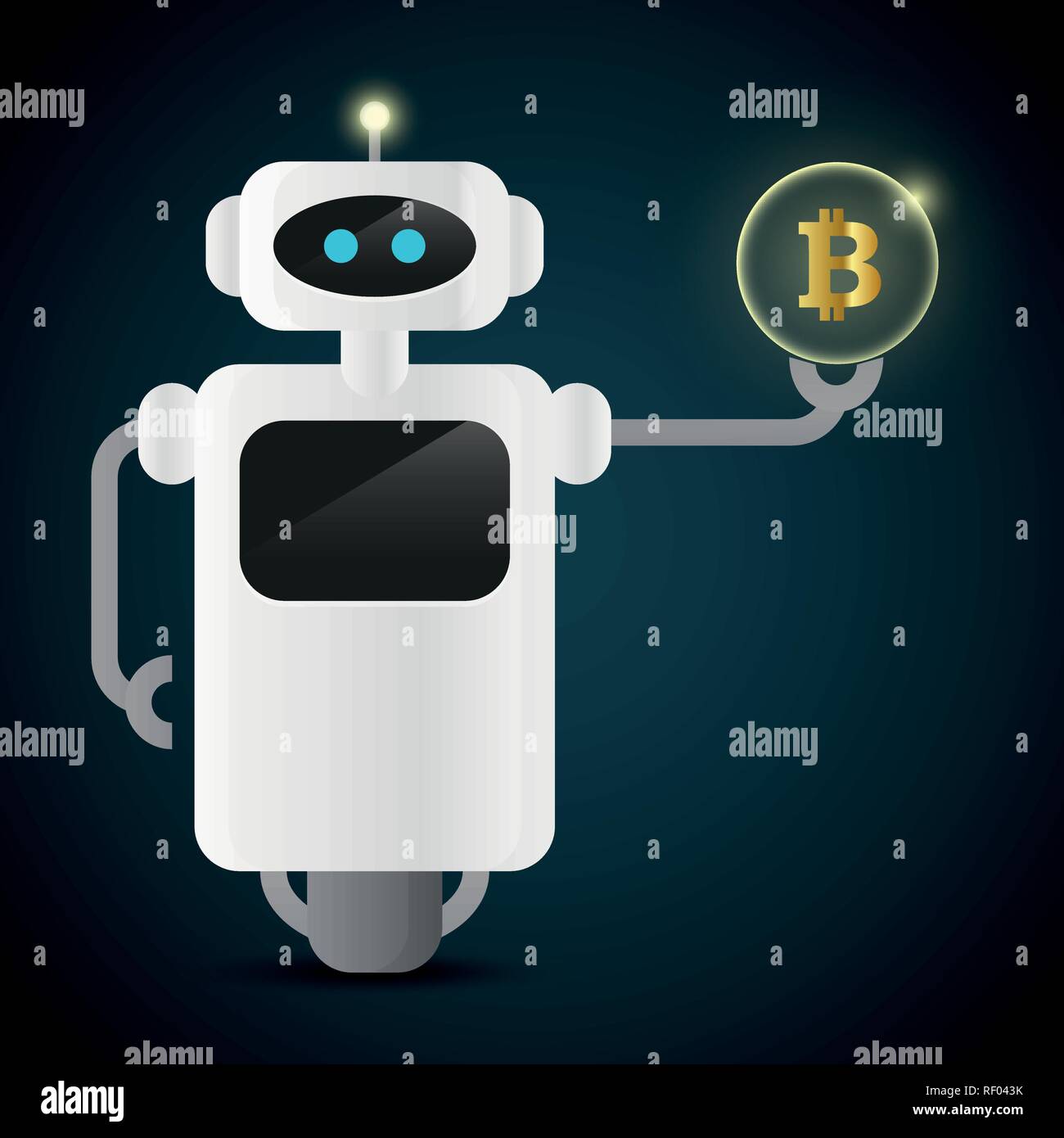 cute robot holding a bitcoin in his hand vector illustration EPS10 ...