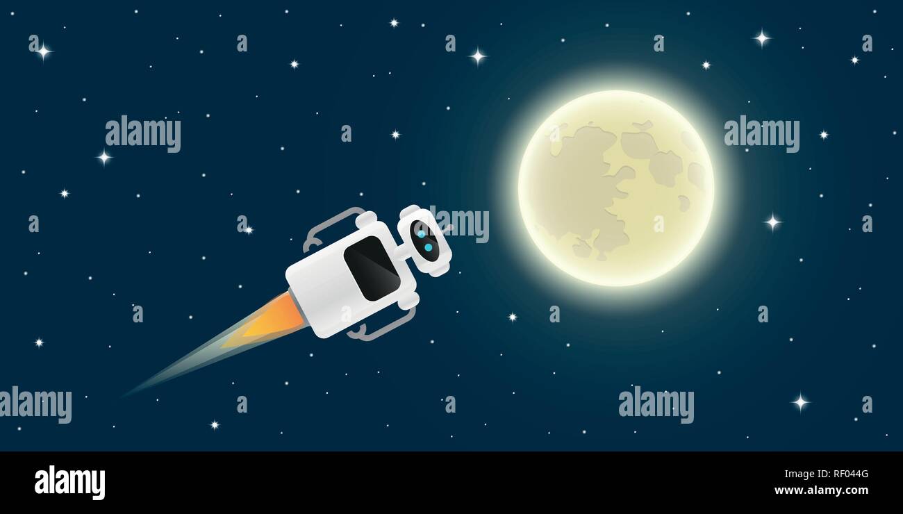 cute robot is flying to the full moon in space vector illustration ...