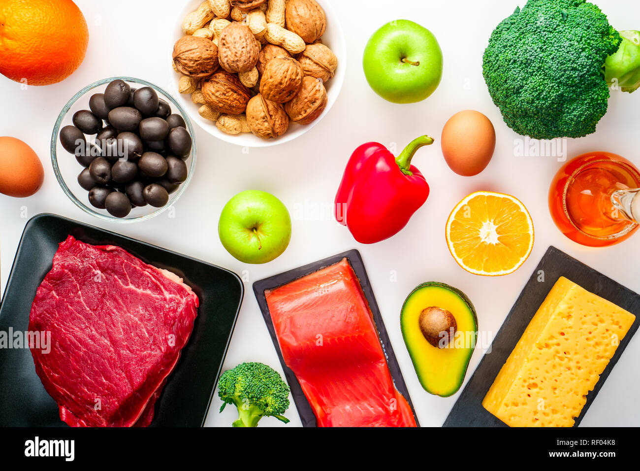 Photo of piece of meat, fish, cheese, eggs, vegetables, fruits Stock ...