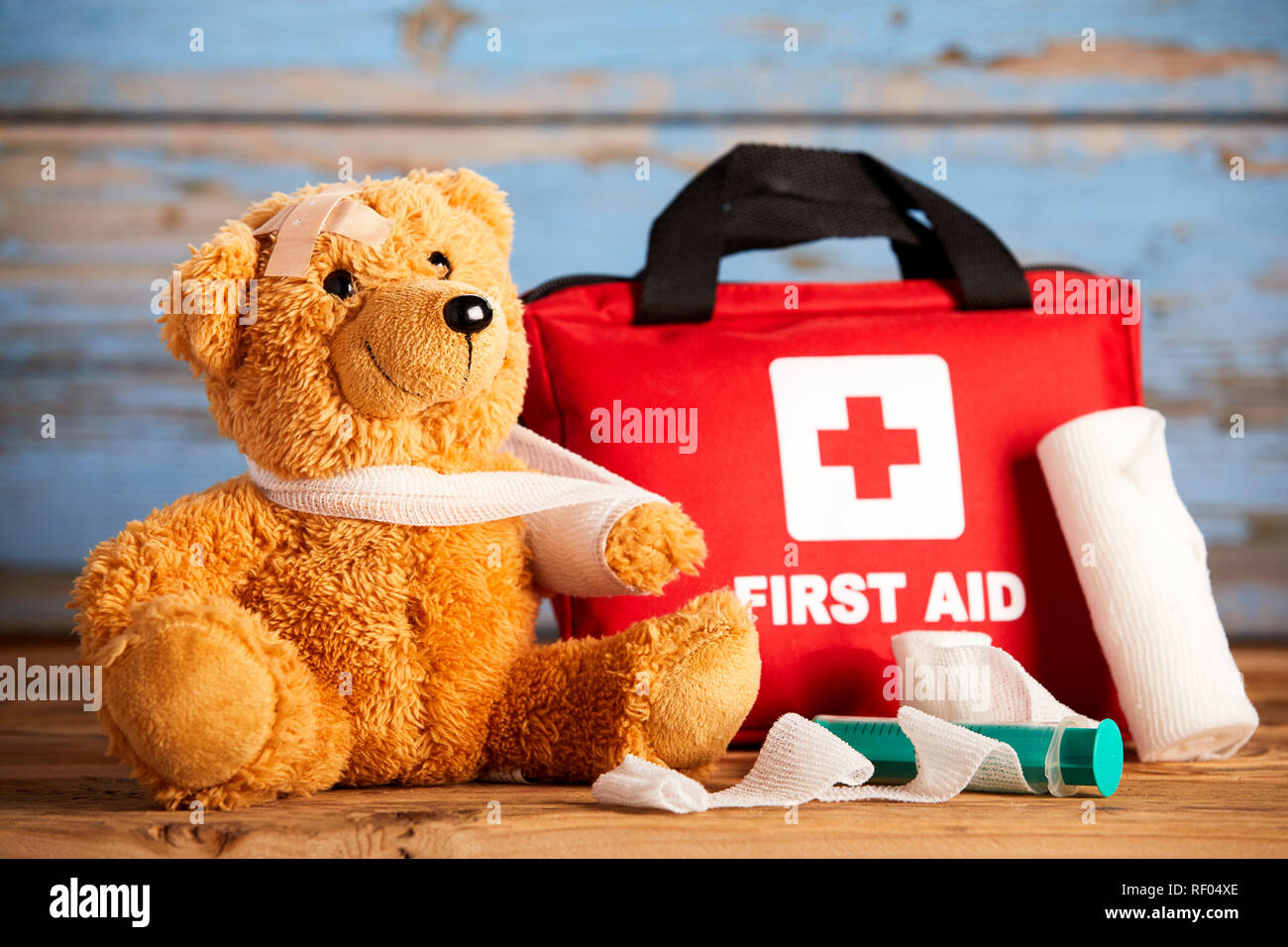 Paediatric healthcare concept with a little teddy bear with its arm in ...