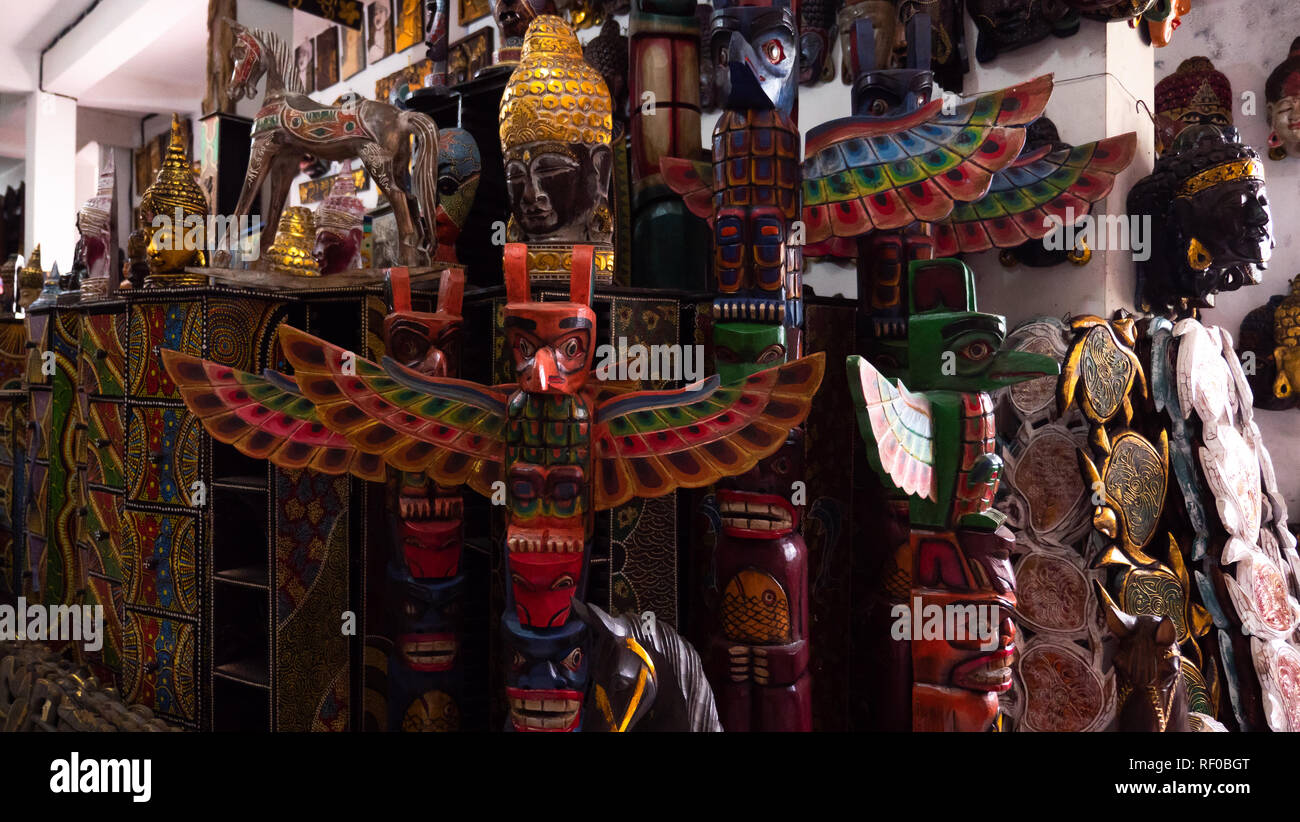 Hindu and Buddhist wooden carving. souvenir shop selling souvenirs and ...