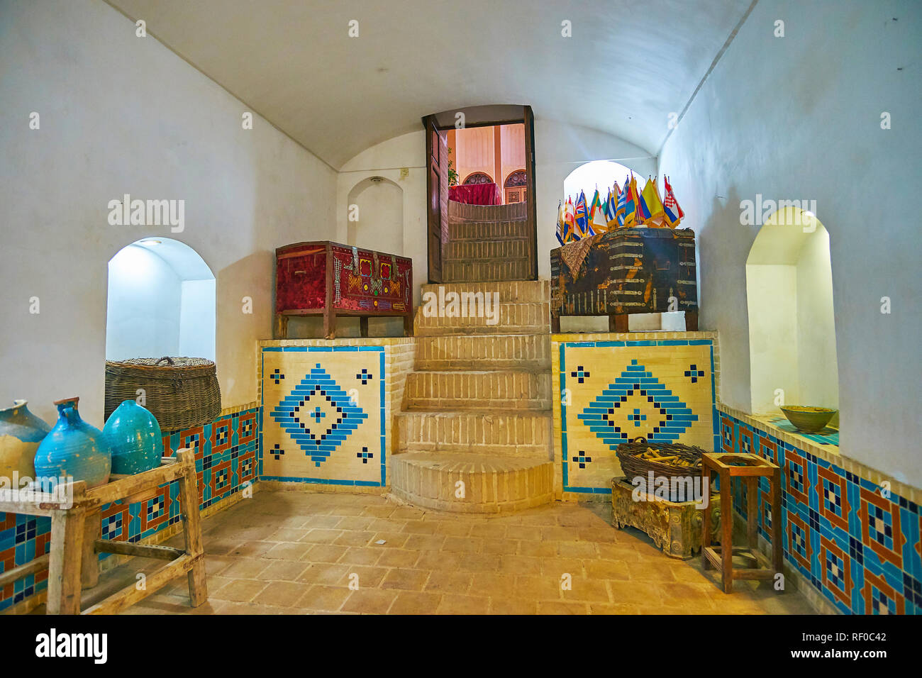 YAZD, IRAN - OCTOBER 18, 2017: The scenic tiled patterns decorate the ...