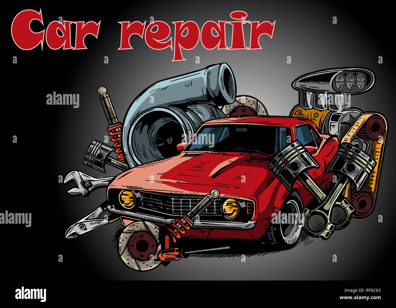 Vintage car components collection witn automobile motor engine piston ...