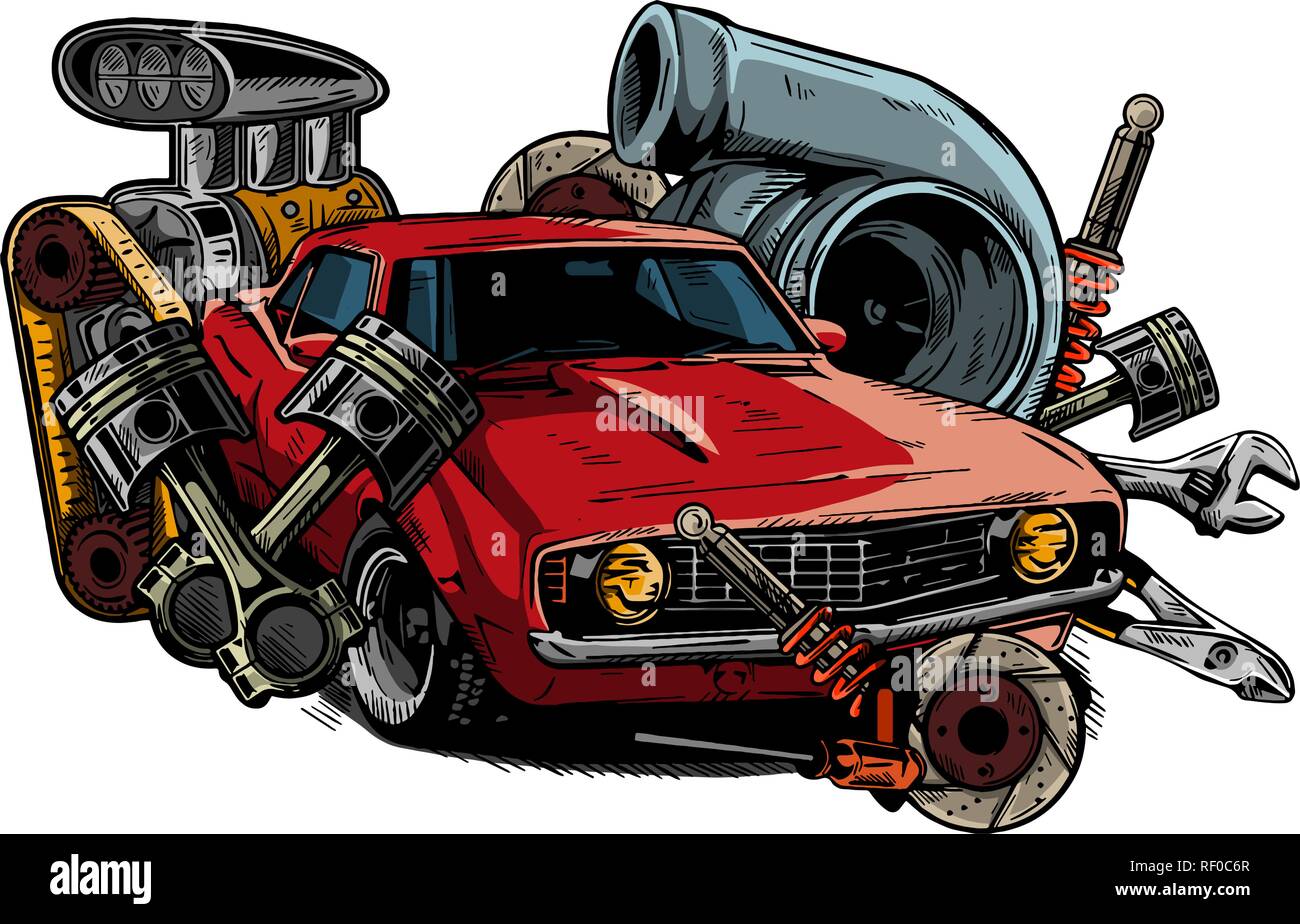 Vintage car components collection witn automobile motor engine piston ...