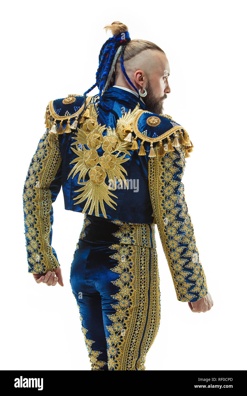 Torero in blue and gold suit or typical spanish bullfighter isolated ...