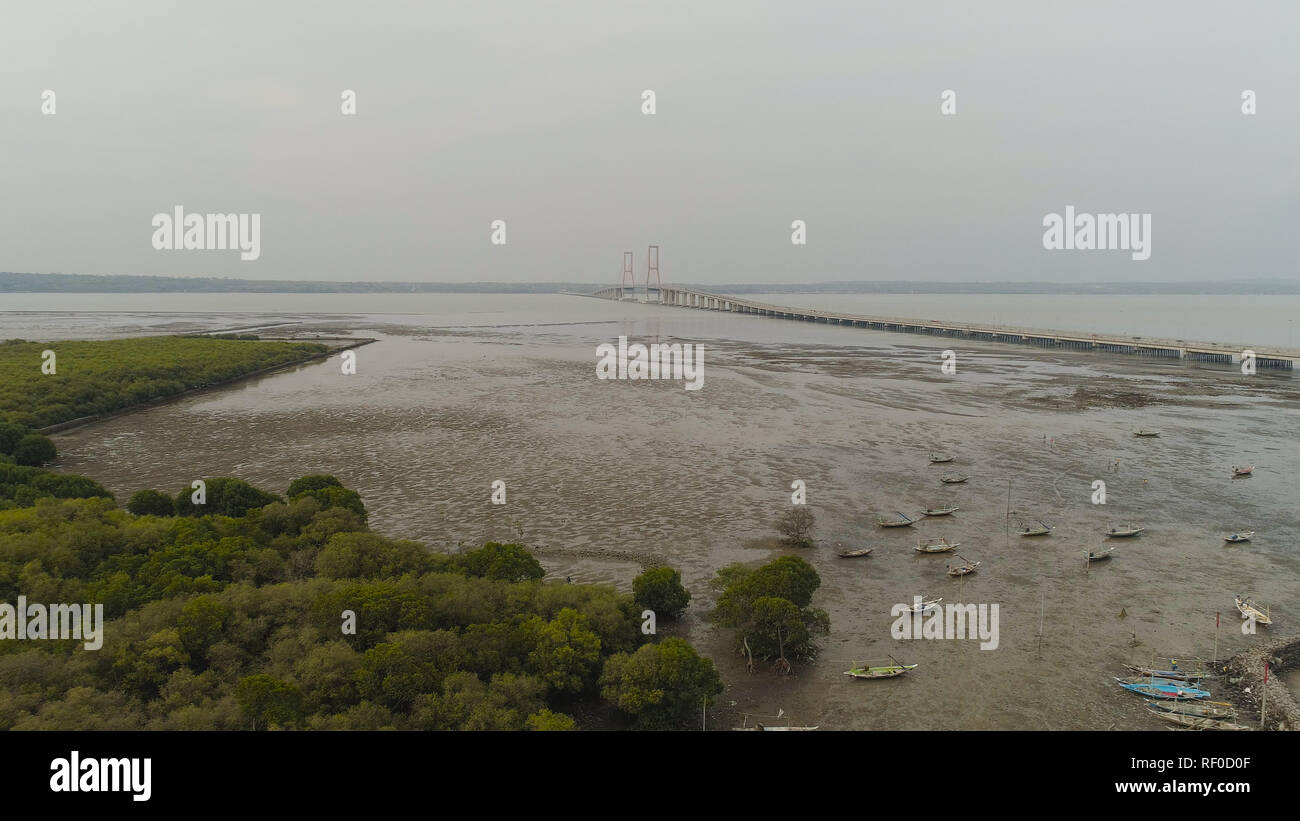 aerial view suspension cable bridge Suramadu over madura strait ...