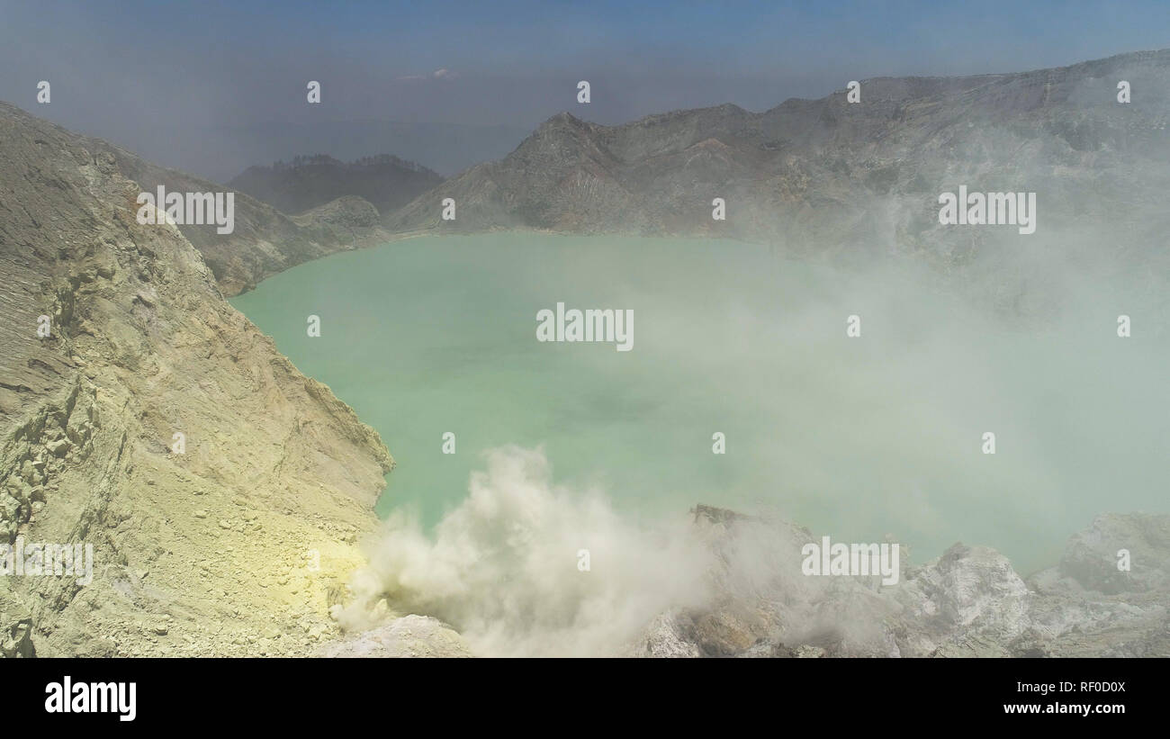 Aerial view mountain landscape with crater acid lake Kawah Ijen where ...