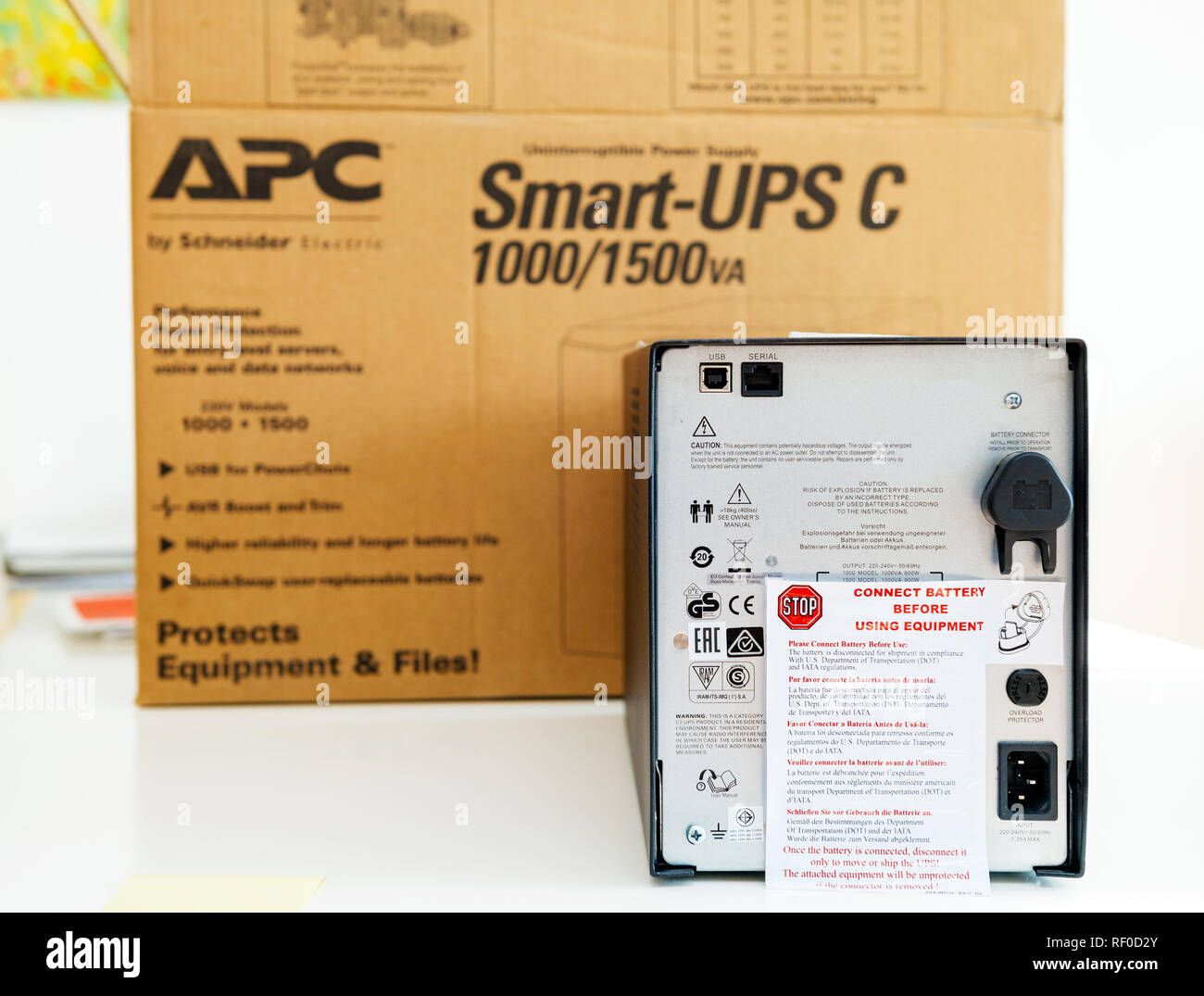 PARIS, FRANCE - MAR 24, 2018: Detail of ports on new APC Smart-UPS C ...