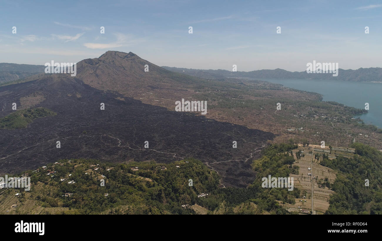 Aerial view landscape after volcanic eruption volcano Batur mountain ...