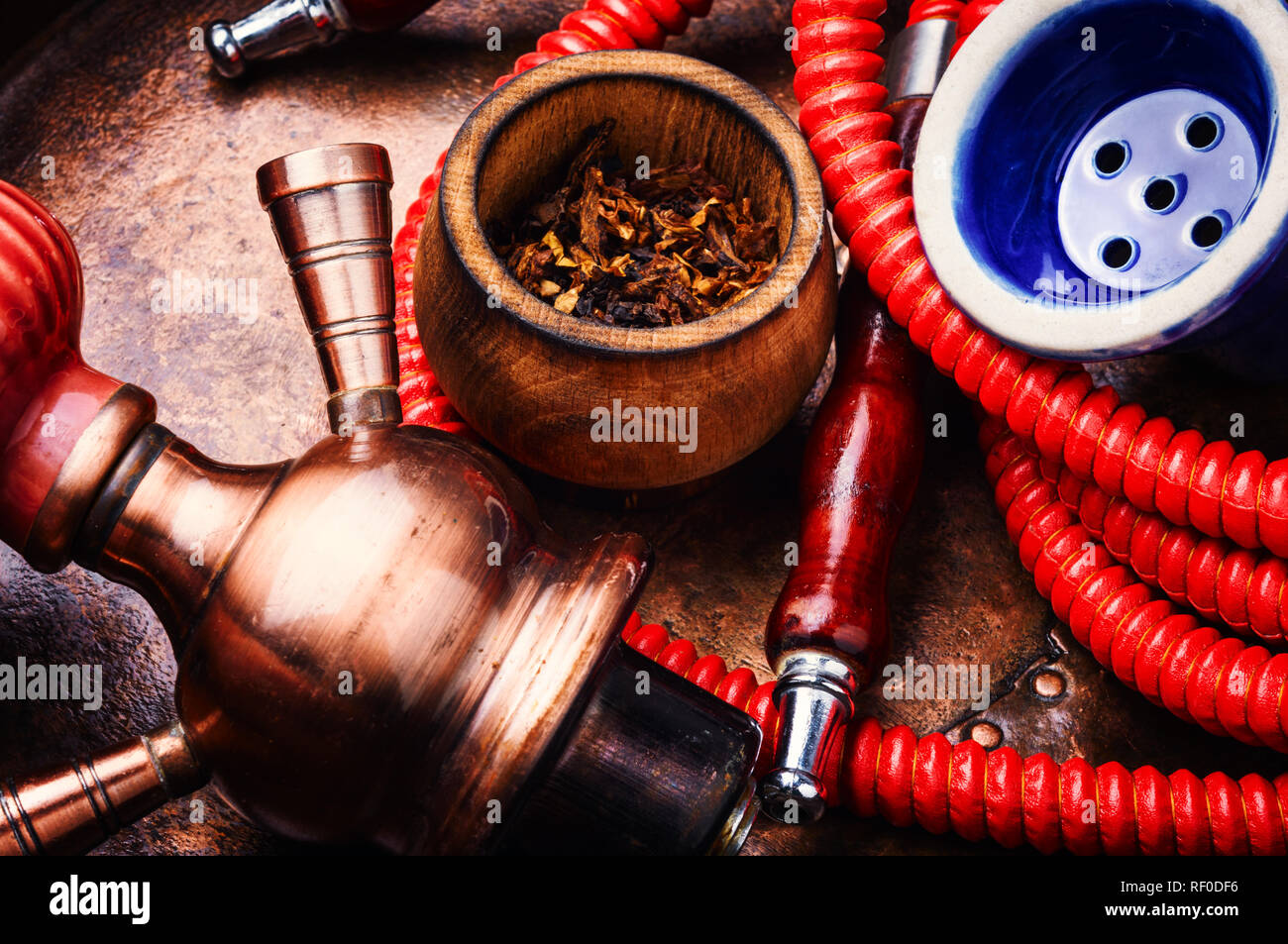 Turkish hookah .Smoking turkish shisha.Tobacco in a snuffbox and hookah ...