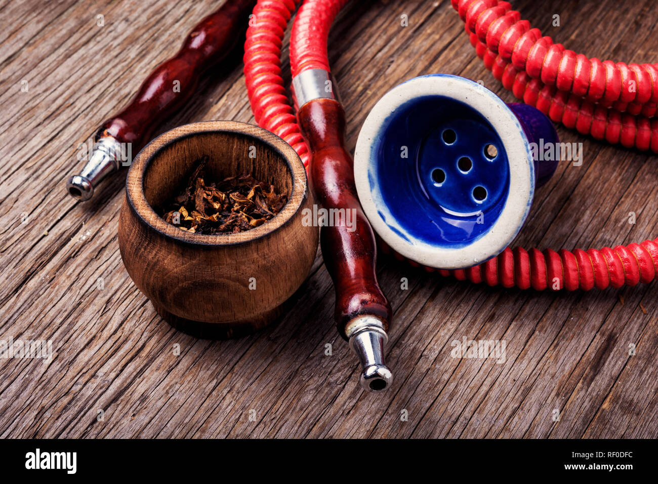 Oriental fashion hookah.Smoking eastern shisha.Tobacco in snuffbox and ...