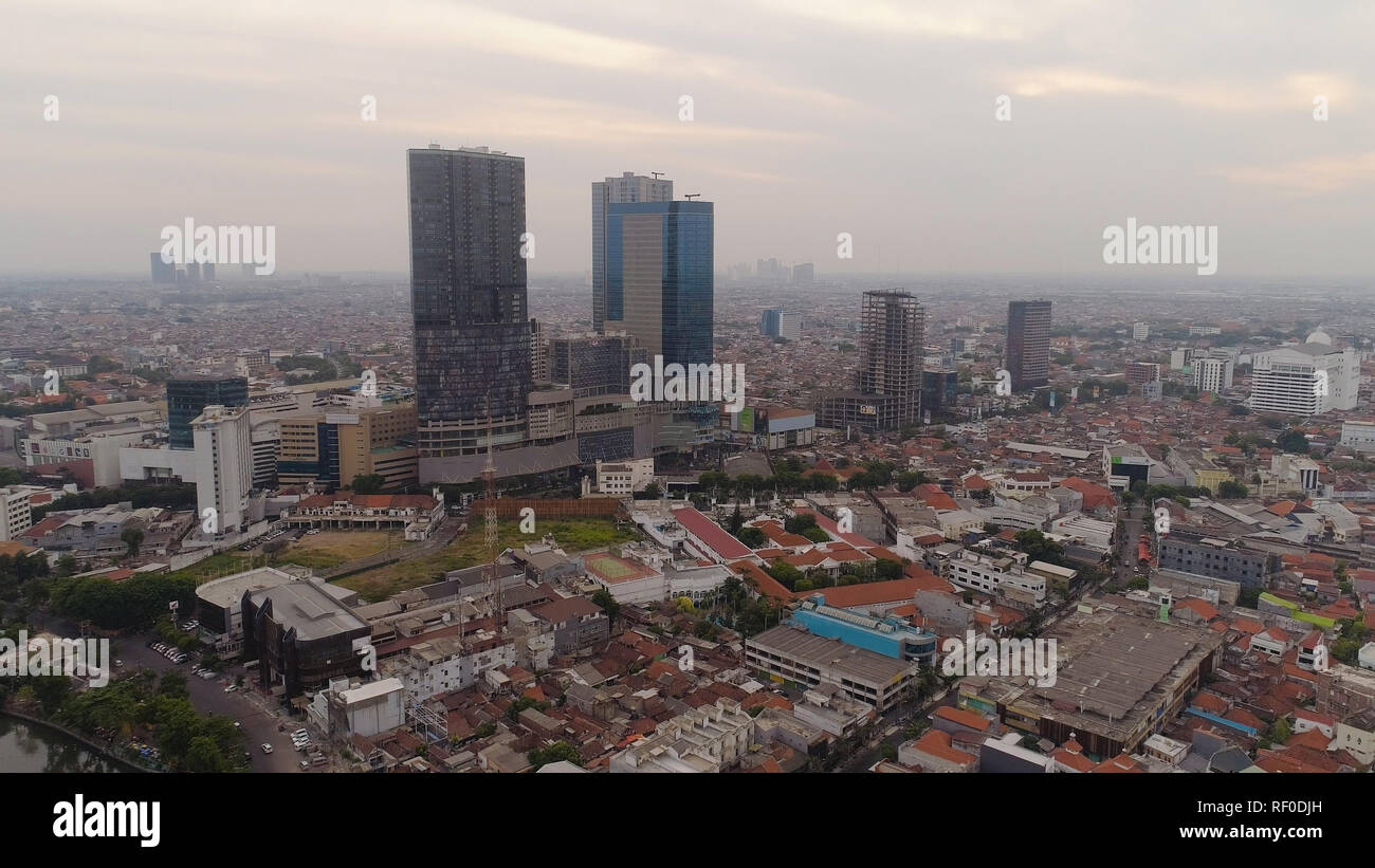 Aerial cityscape modern city Surabaya with skyscrapers, buildings and ...