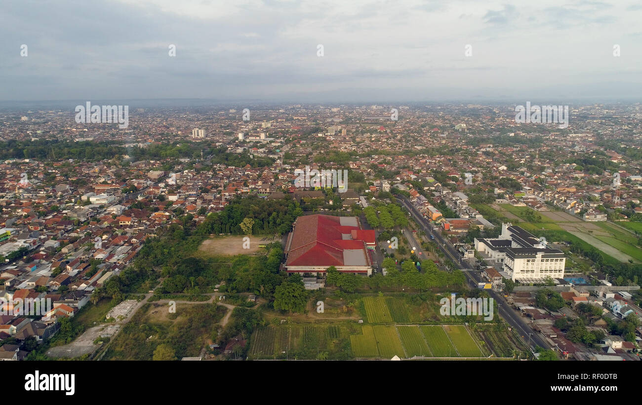 aerial view Yogyakarta with buildings and houses at sunset. urban ...