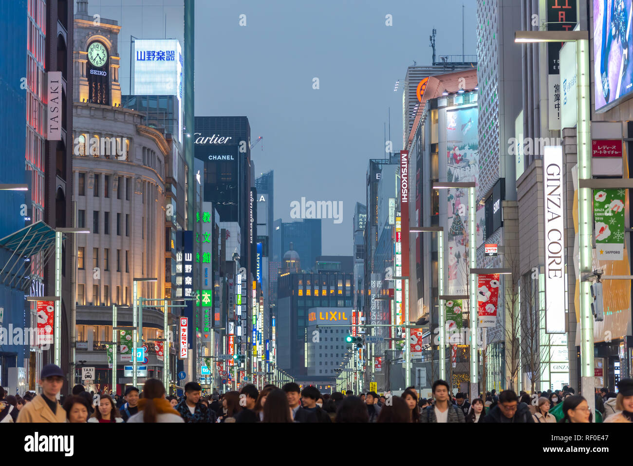 Night view of Ginza District, The district has famous brand flagship ...