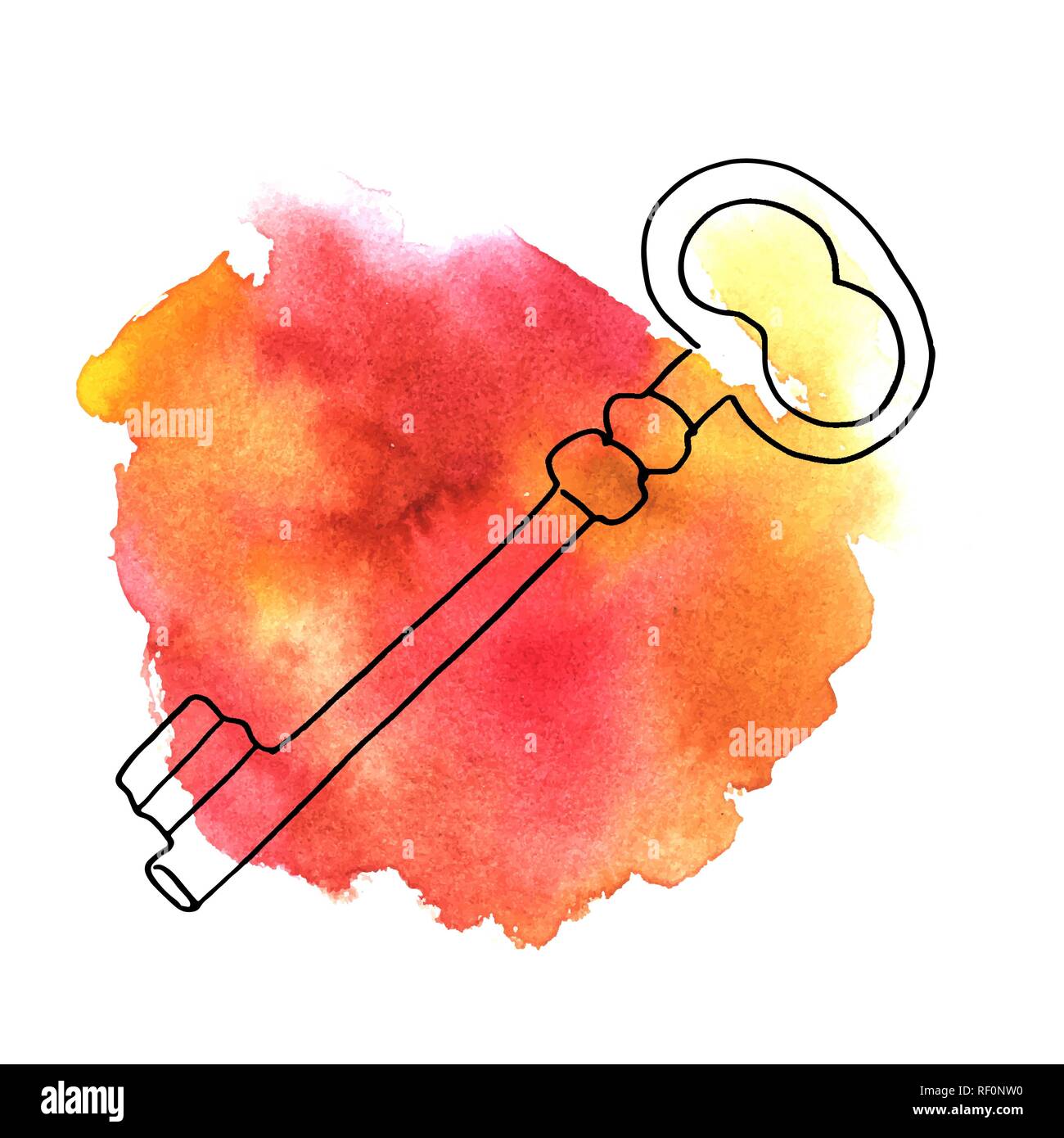 A vector ink drawing of a key on a watercolor background texture, an ...