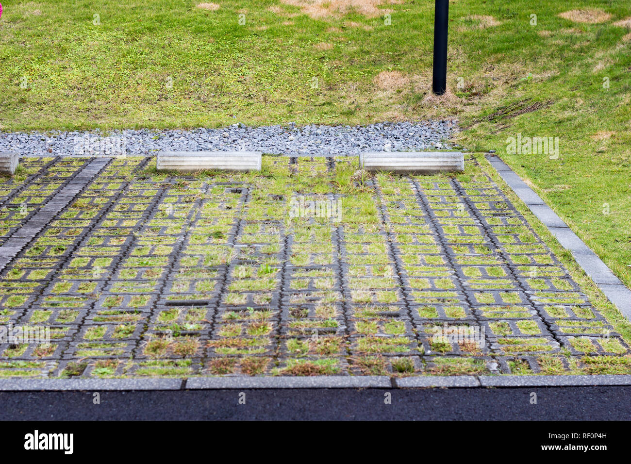 Concrete parking block on lawn yard, outdoor Stock Photo - Alamy