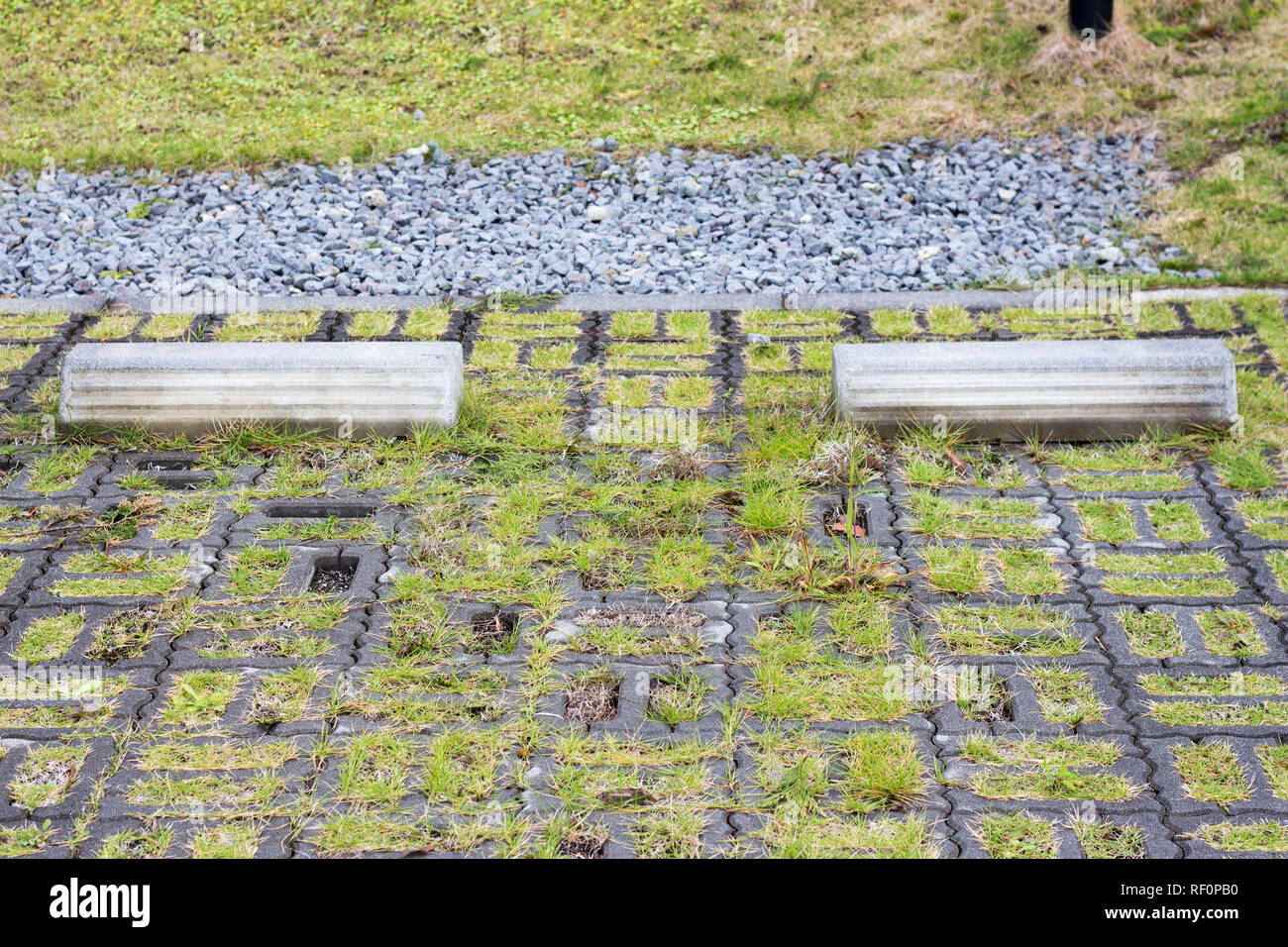 Concrete parking block on lawn yard, outdoor Stock Photo - Alamy