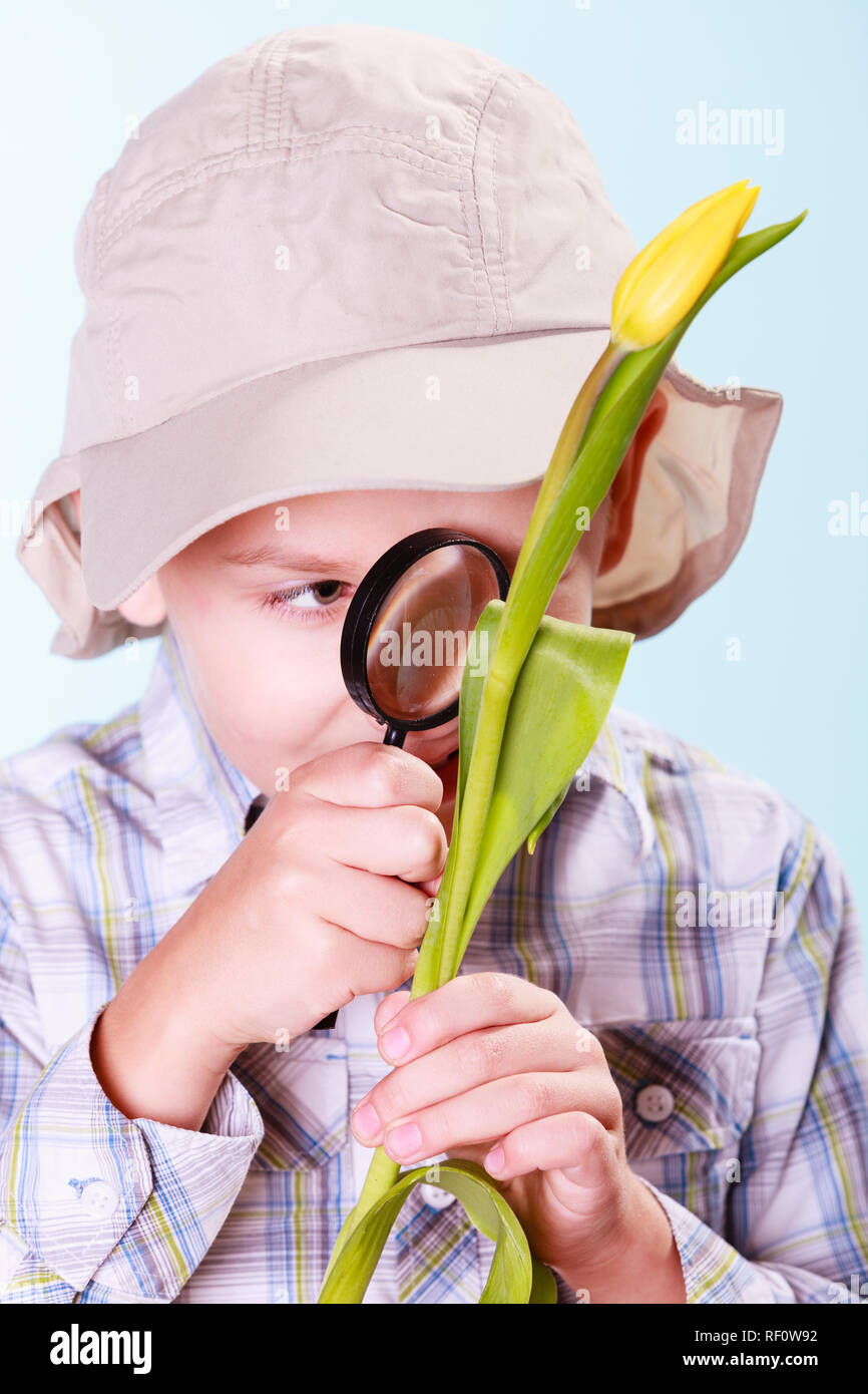 Early education nature and biology. Little boy examine flower with ...
