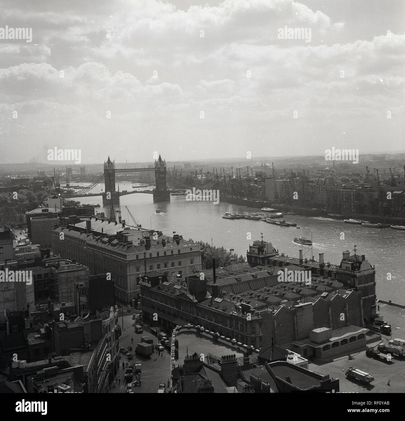 1950s, historical, a view across London and the River Thames to Tower ...