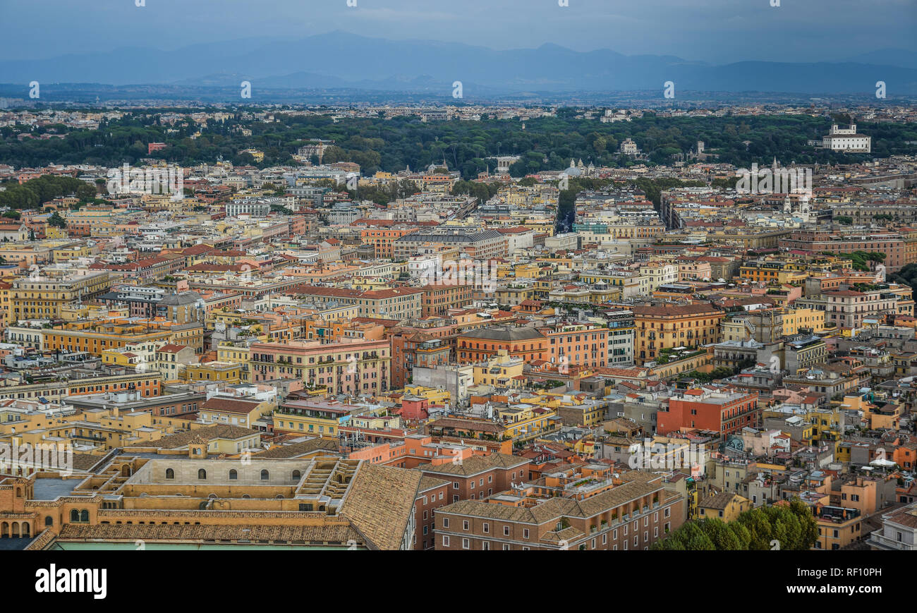 Aerial cityscape view of Rome, from top of Saint Peter Basilica. Rome ...