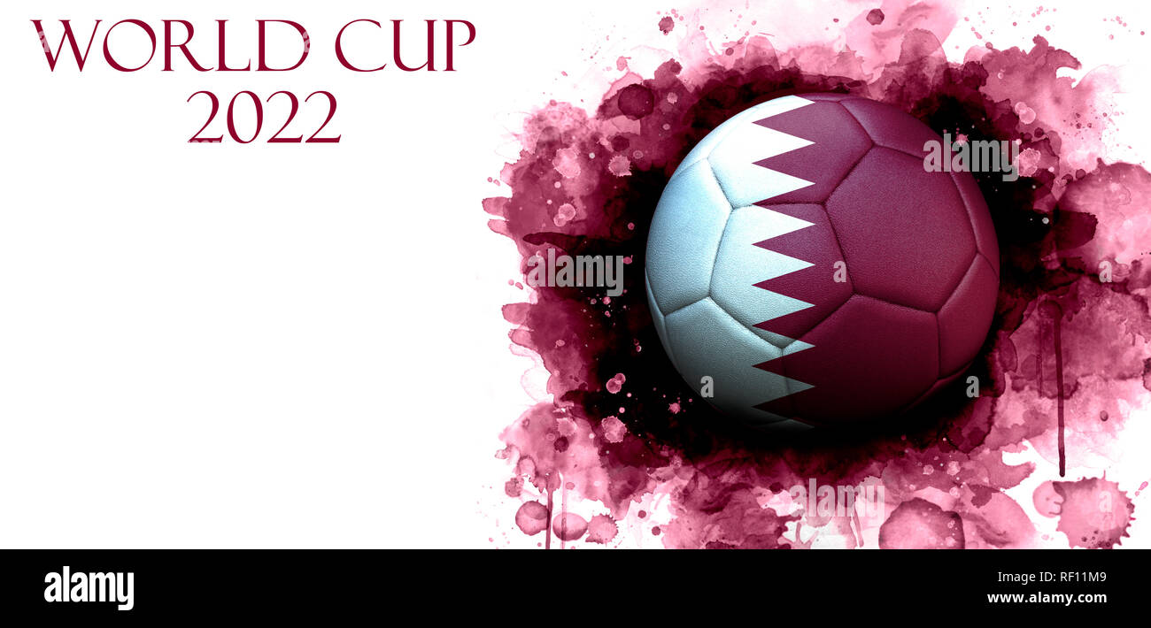 Soccer ball with flag of Qatar, close up, watercolor effect on white ...