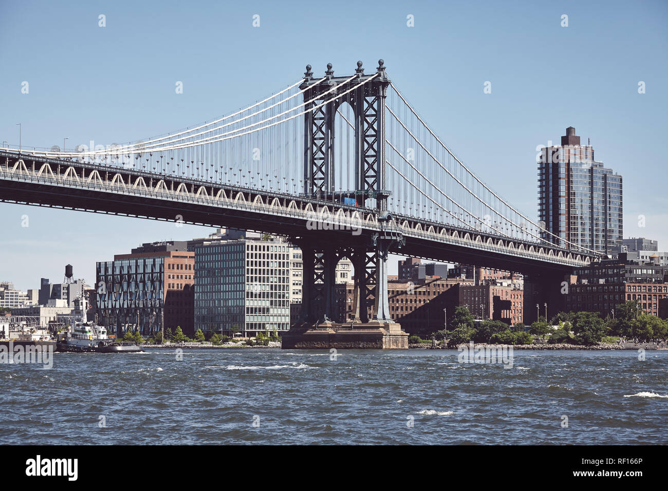 Manhattan Bridge and Brooklyn, color toned picture, New York, USA Stock ...