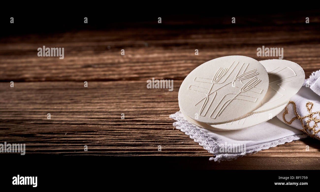rustic banner with Hosties or Sacramental Bread symbolising the body of ...